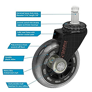 Professional Office Chair Caster Wheels Gift Set of 5 - Protect All Your Floors - 3'' Heavy Duty Replacement Rubber Chair Casters - Best Protection for Your Hardwood Floors