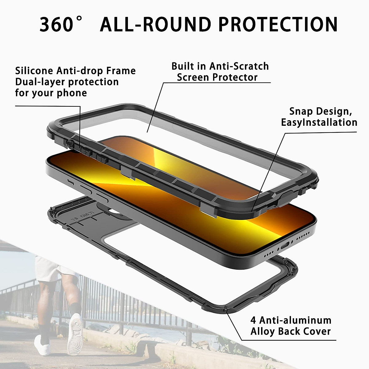 Saupsitnz iPhone 13 Pro Max Metal Waterproof Case with Built-in Screen Protector, Aluminum Metal Tough Cover Drop Tested Shockproof Dustproof Sturdy Durable Protective Case for iPhone 13 Pro Max,Black