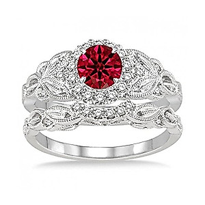 JeenJewels 1.25 Carat Ruby & Diamond Vintage Floral Bridal Set Engagement Ring on White Gold (Ruby and Diamond Wedding Ring Set for Women)