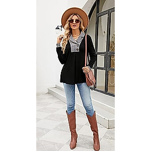 Newchoice Women Tunic Sweatshirt Work Summer Lapel Collar Long Sleeve Shirt Sweatshirts Pullover Blouse Tops(01Black White.XL)