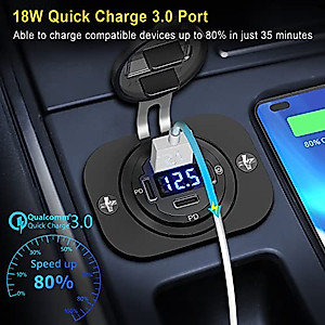 USB C Car Charger Socket 12V USB Outlet 2 Pack: Newest Aluminum Metal 58W Dual PD3.0 20W USB C and 18W QC3.0 Port Multi USB Charger Outlet with LED Voltmeter Power Switch for RV Motorcycle Boat Marine
