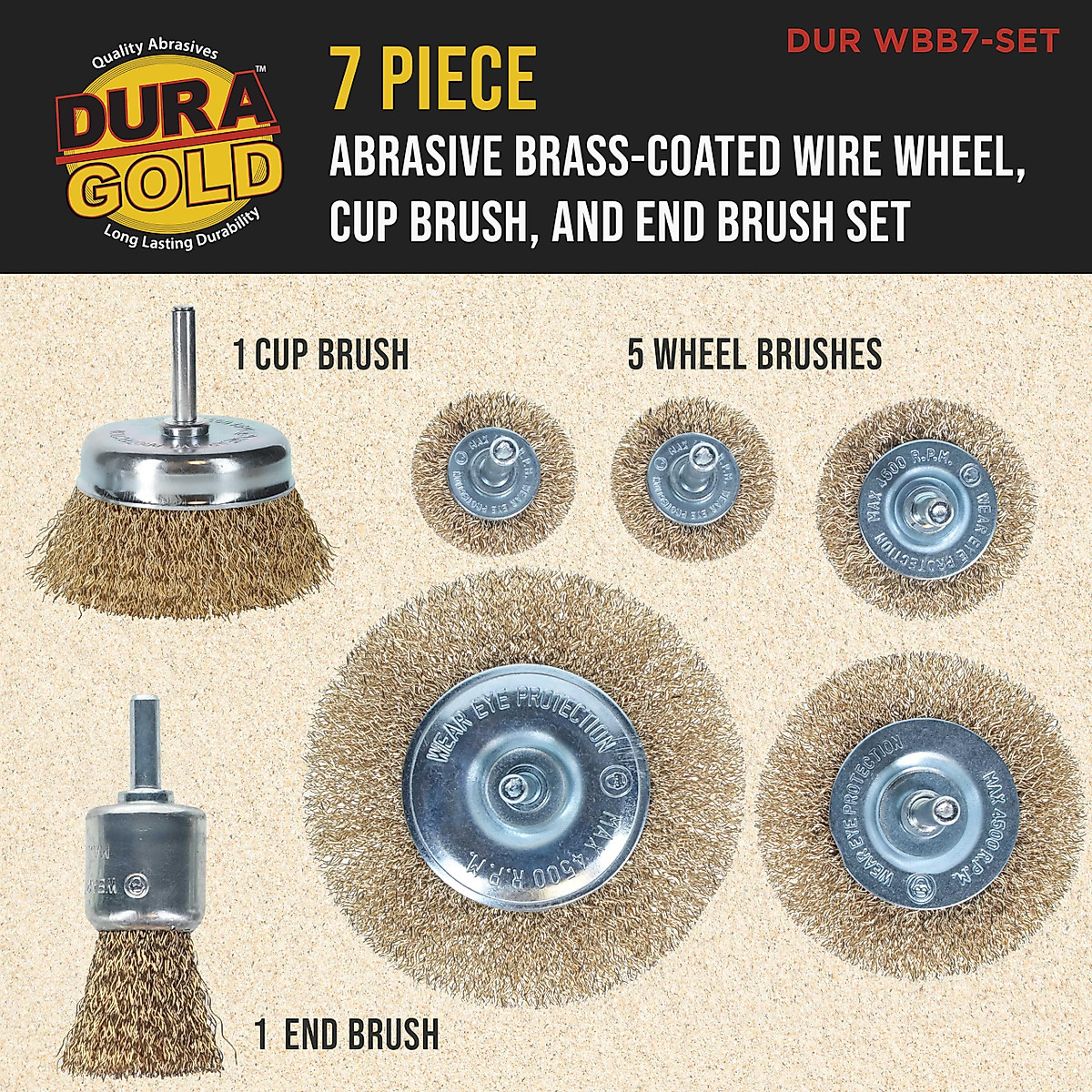 Dura-Gold 7-Piece Abrasive Brass-Coated Wire Wheel, Cup Brush, and End Brush Set, 1/4" Drill Shank, Carbon Steel Bristles - Surface Prep Grinding, Stripping Metal, Clean Remove Rust, Corrosion, Paint