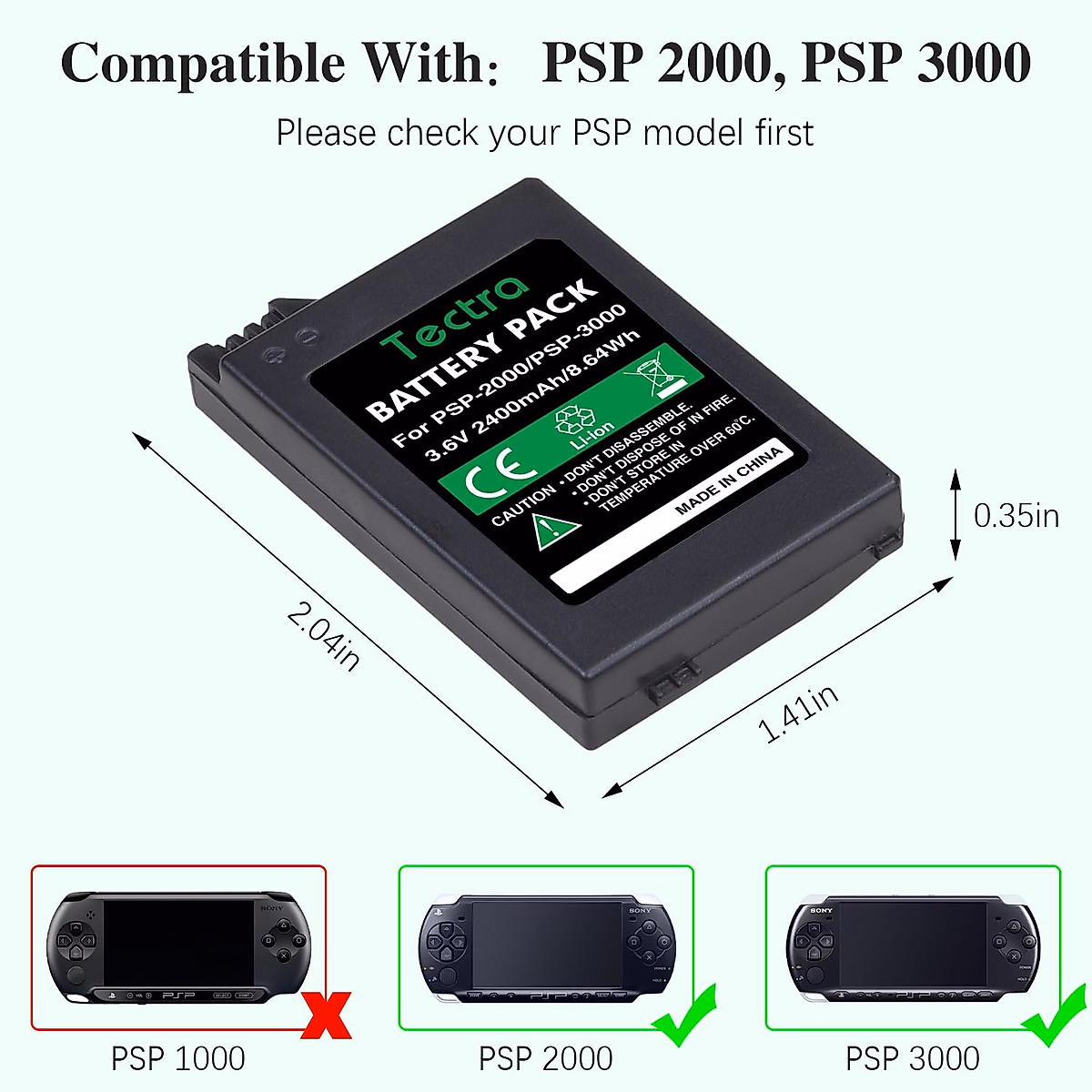 Tectra PSP 2000 Battery, 2400mAh 3.6V Rechargeable Battery Replacement for Sony PSP 3000 / PSP Slim 2000, PSP-2001, PSP-3000, PSP-3001, PSP-3002, PSP-3004, PSP-S110 Console