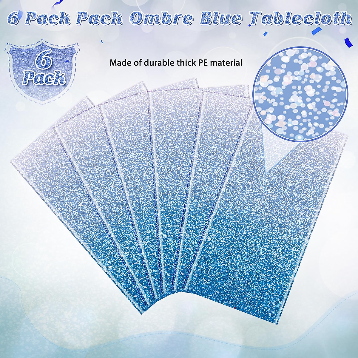 6 Pack Ombre Blue Plastic Tablecloth for Parties, Gradient Pastel Blue Disposable Tablecloths for Rectangle Tables, Royal Blue Sprinkle Table Cover for Wedding Birthday Anniversary Party, 54 x 108Inch