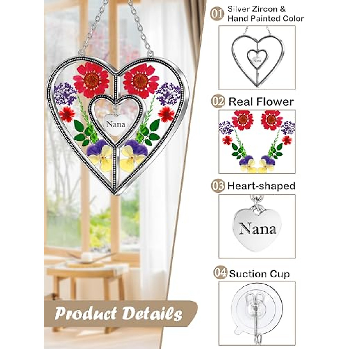 KY&BOSAM Heart Sun Catcher-Stained Glass Panles Nana Suncatchers Hangings for Windows Wind Chime Ornament Nana Gifts - Gifts for Nana Mother`s Day Birthday Christmas