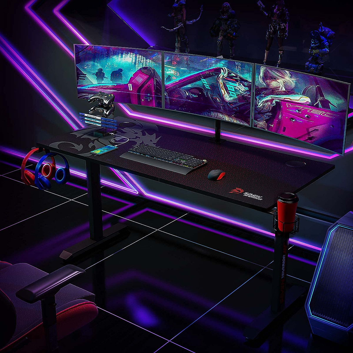 SEVEN WARRIOR Gaming Desk 55’’, T-Shaped Carbon Fiber Surface Computer Desk with Full Mouse Pad, Gamer Desk with Headphone Hook, USB Rack, Cup Holder