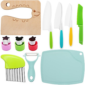CCOZN 11PCS Kids Knife Set , Toddler Knife Set Kids Safe Knives for Real Cooking Serrated Edges Kids Cooking Utensils Kitchen Tools for Toddlers , Cutting Board Potato Slicers Cooking Knives