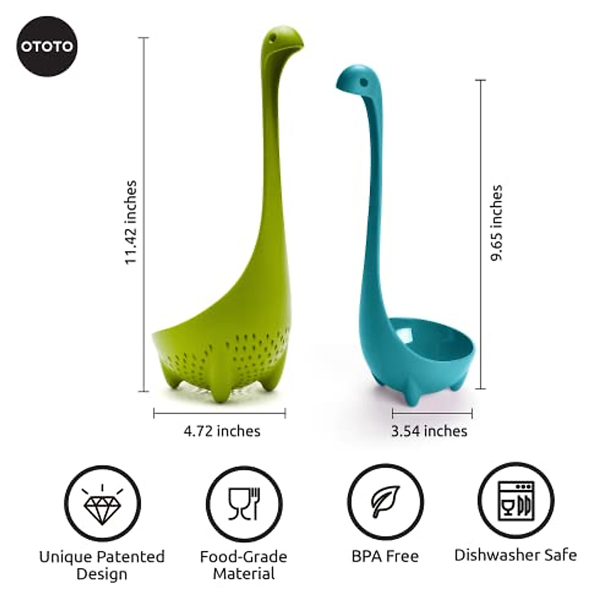 OTOTO Turquoise Nessie Ladle & Green Mama Nessie Colander Value Pack - Special Edition Soup Ladle & Colander Set - Ladles for Cooking - Kitchen Colander for Pasta - Dishwasher Safe & BPA free Ladle