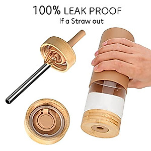 Tronco 20oz Glass Water Bottle with Bamboo Lid, Reusable Glass Water Tumbler with Straw and Silicone Sleeve, Glass Boba Cup,Leak Proof, BPA Free,Dishwasher Safe