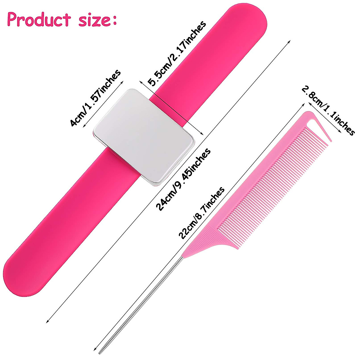 Magnetic Wrist Sewing Pincushion Wrist Magnetic Pin Holder Wristband Pin Cushion Holder with 3 Pieces Stainless Steel Pintail Comb Rat Tail Comb for Hair Clips Sewing, Daily Hand Sewing (Rose Red)