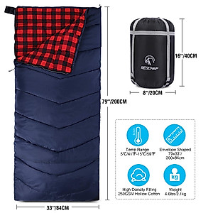 REDCAMP Outdoors Cotton Flannel Sleeping Bag for Camping Backpacking, Warm and Comfortable Envelope Sleeping Bags with 2/3/4lbs Filling, Green Plaid