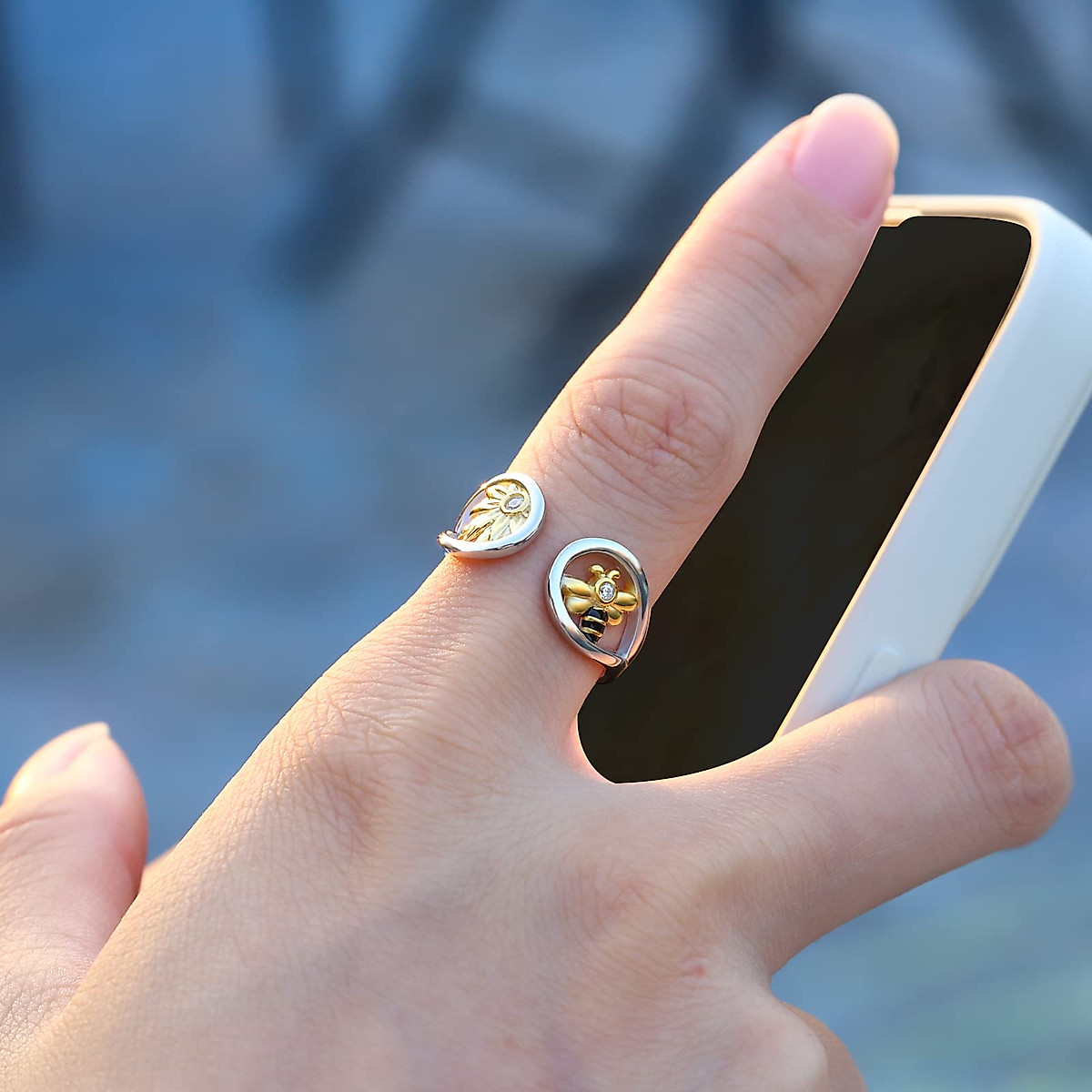 WOUOVO Sunflower Bee Rings for Women - 925 Sterling Silver Adjustable Ring You are My Sunshine Ring Chrismas Mother's Day Birthday Jewery Gift for Teen Girls MOM