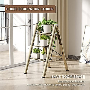 3 Step Ladder Aluminum Lightweight Folding Step Stool Wide Anti-Slip Pedal 330 Lbs Capacity Household Office Portable Stepladder,Champagne Gold