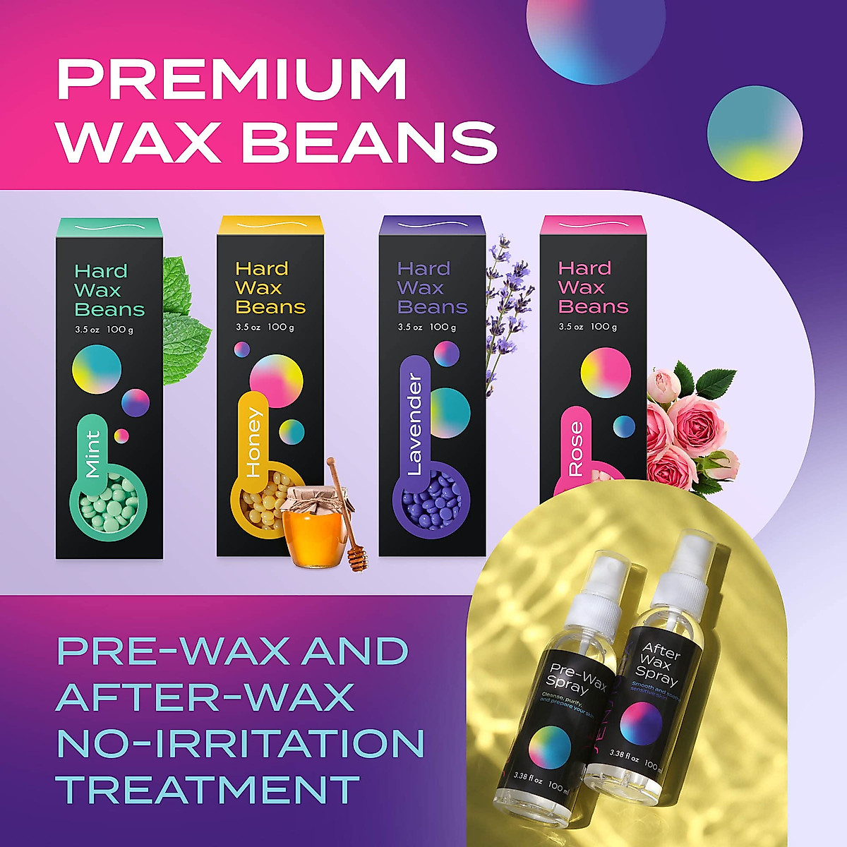 Sensiona Depilatory Hard Wax Beans, Refills Kit Waxing Beads, 4 X Wax Beads (Total 14oz) Scented Wax Pellets Hair Removal for Brazilian, Bikini, Face, Underarm, Before/After Waxing Skin Care Sprays