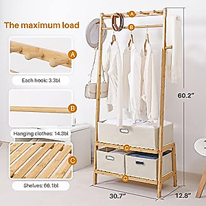 Homde Bamboo Clothing Rack with 3 Storage Box, Garment Rack Clothes Racks for Hanging Clothes, Standing Wardrobe Storage Rack with 2 Organizer Shelves, Portable, Natural