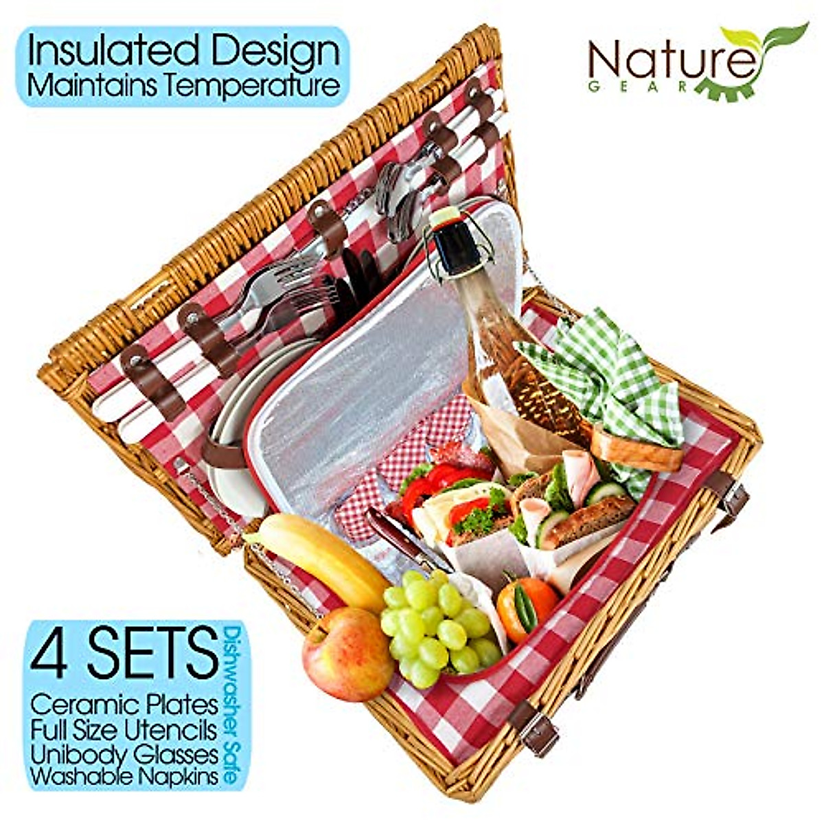 Nature Gear Upgraded 4 Person XL Picnic Basket (4 Person, Red & White)