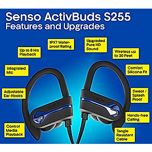 SENSO Bluetooth Wireless Headphones, Best Sports Earphones w/Mic IPX7 Waterproof HD Stereo Sweatproof Earbuds for Gym Running Workout 8 Hour Battery Noise Cancelling Headsets Cordless Heapdhone - Blue