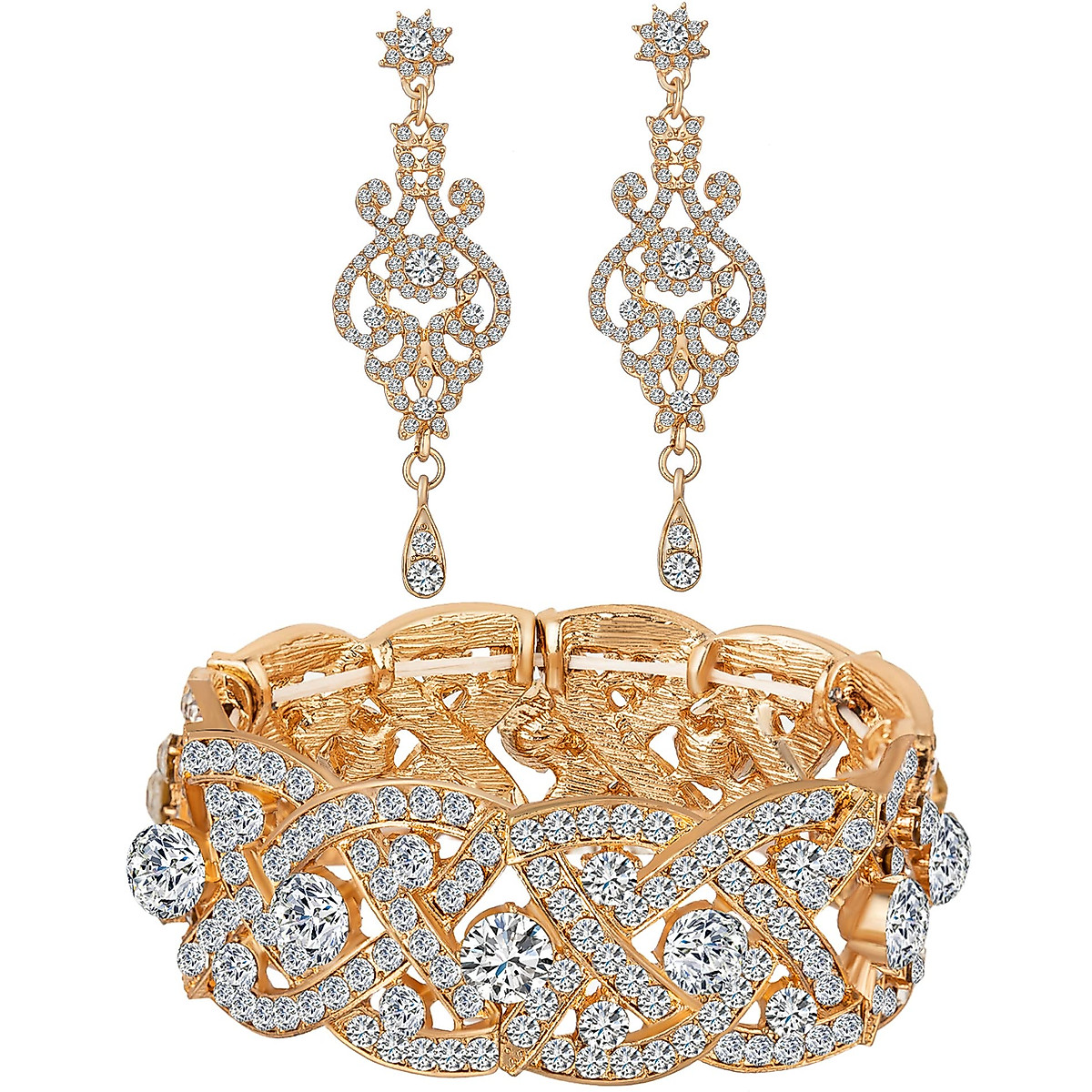 Paxuan Womens White Clear Rhinestone Crystal Wedding Bridal Bridesmaid Bracelet Jewelry Link Tennis Bracelet (Gold - Bracelet + Earrings)