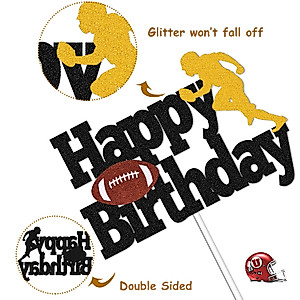 Football Cake Topper Rugby Ball Happy Birthday Cake Decorations for Man Kids Boy Girl Sport Game Day Super Bowl Touchdown Themed Party Supplies Black Sparkle Decor