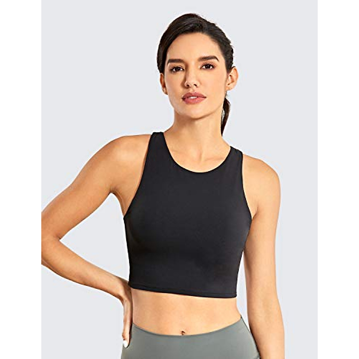 CRZ YOGA Women's High Neck Longline Sports Bra - Padded Racerback Yoga Bra Crop Tank Top with Built in Shelf Bra Black Medium