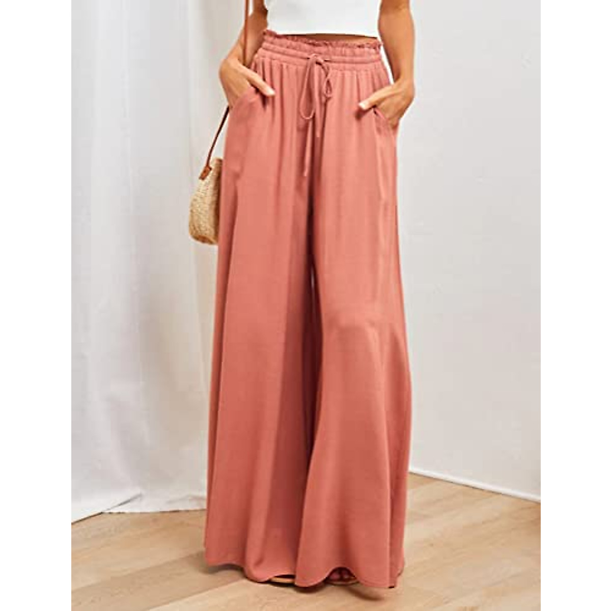 Xiaowhite Linen Pants for Women High Waisted Elastic Drawstring Wide Leg Trousers Casual Gaucho Beach Flowy Palazzo Pants for Women Dressy Spring Summer Boho Clothes Outfits 2023(Orange,XL)