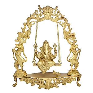 RUGDOLL Brass Statue Ganesha on Jhula Swing Idol for Home Mandir, Ethnic Indian Home Decor Accessories,Ganesha Decor, Corner Table Decor Accessories