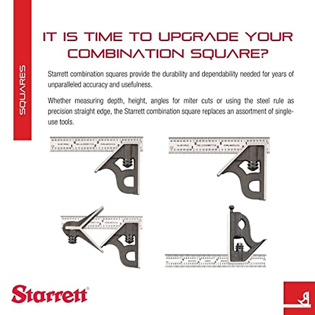 Starrett Steel Combination Square with Square Head - 6" Blade Length, Cast Iron Head, Hardened Steel, Reversible Lock Bolt, Scriber, 4R Graduation Type - C11H-6-4R