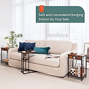 Yoobure Side Table with Charging Station, End Tables Living Room Set of 2, Industrial 2 Tier Nightstand with USB Ports, Rustic Narrow Bedside Table with Storage Shelf for Bedroom, Office, Small Spaces