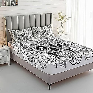 Day of the Dead Sheet Set Full Size - Sugar Skull Bed Sheets - Mexican Printed Bedding Sheets & Pillowcases - Super Soft & Deep Pocket & Winkle Free - 4 Piece ( Flat, Fitted Sheet & 2 Pillowcases)