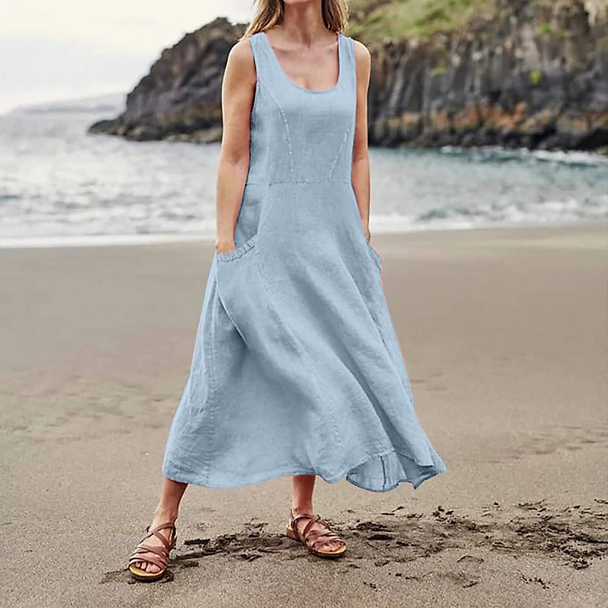 Maxi Dress for Women,2023 Spring Summer Cotton Linen Dress,Ladies Plus Size Boho Beach Flowy Long Dress with Pockets,Casual Trendy Elegant Sleeveless Sundress for Holiday Resort Wear（C-Blue,XXL