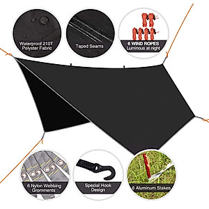 REDCAMP Hammock Rain Fly Camping Tarp Waterproof, Lightweight Backpacking Rain Tarp Shelter for Hiking Outdoor Hexagon Black 10x12ft