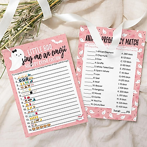DISTINCTIVS Pink A Little Boo is Almost Due Girl Baby Shower Games - Animal Pregnancy and Emoji Picture Guessing Game (2 Game Bundle) - 20 Dual Sided Cards, Halloween Baby Shower