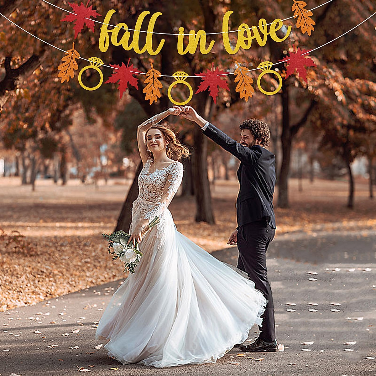 Fall in Love Banner - Fall Bridal Shower Decor, Autumn Maple Leaves Ring Theme Bridal Wedding Party Decorations Gold Glitter