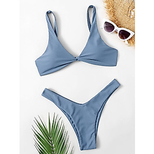Verdusa Women's Twist Front High Cut Thong Two Piece Bikini Set Swimsuit Slate Blue S