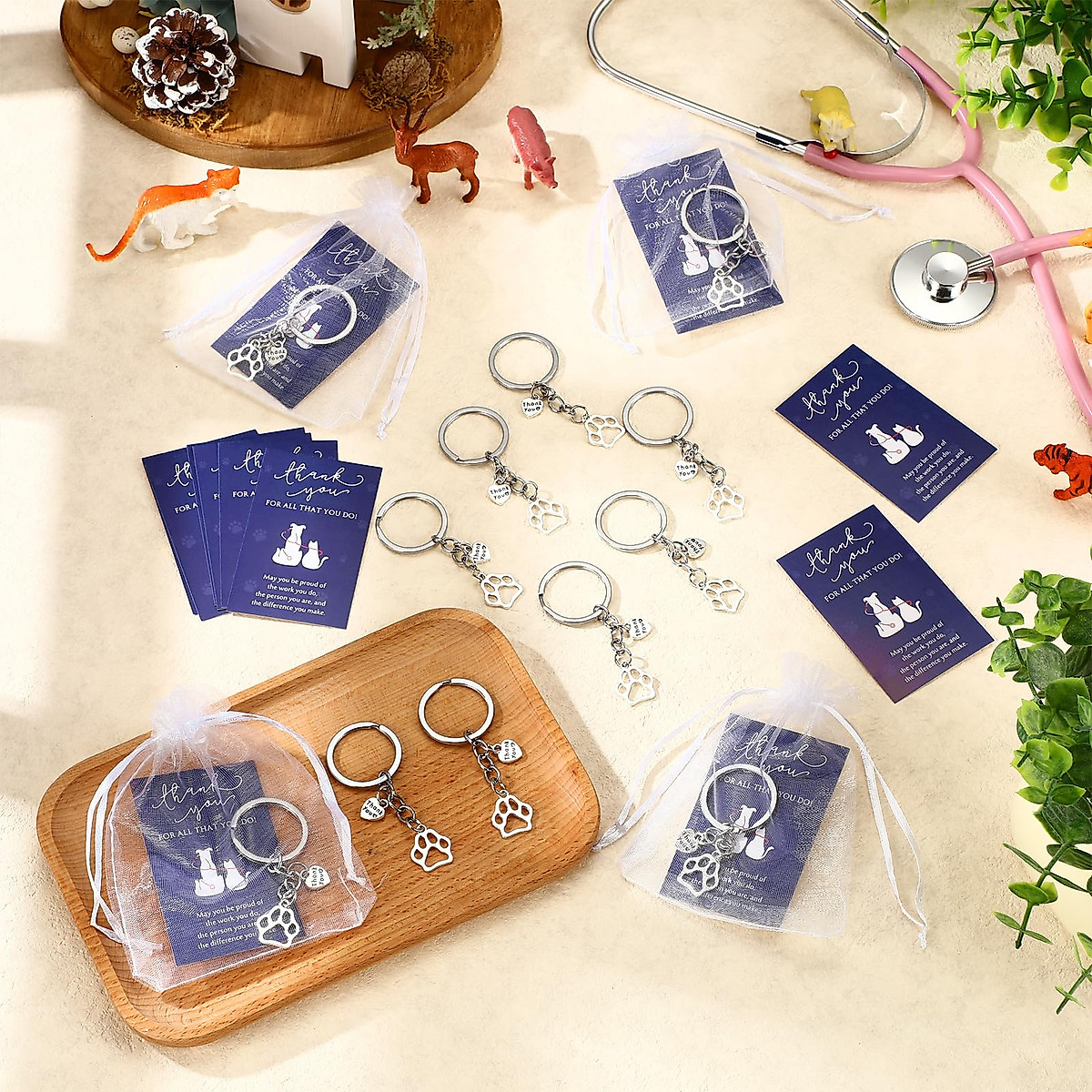 XunYee 12 Sets Christmas Vet Med Tech Gifts Veterinarian Thank You Paw Keychain with Cards Appreciation Gifts for Veterinary Medicine