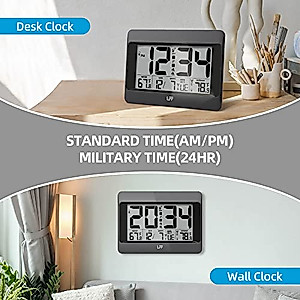 LFF Atomic Clock,Digital Wall Clock Battery Operated,Desk Alarm Clock with Indoor & Outdoor Temperature, Date,Large Display,Wireless Outdoor Sensor, Clock for Bedroom,Living Room,Office,Auto DST