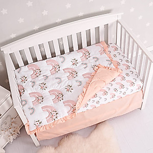 Noisy Mouse - Boho Rainbow, Premium, 100% Organic Cotton 4-Piece Baby Nursery Bedding Crib Set | Baby Comforter | 2 X Fitted Crib Sheets | Crib Skirt (Peach, Teal, White)