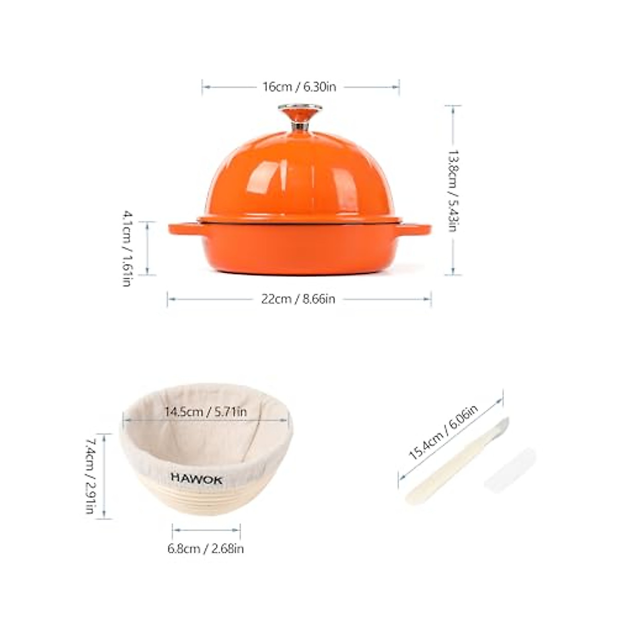 HAWOK Cast Iron Bread Cloche, Dia. 6.3inch/16cm, with Proofing Basket and Dough Scoring Knife, Sourdough Baking Pan Enameled Orange