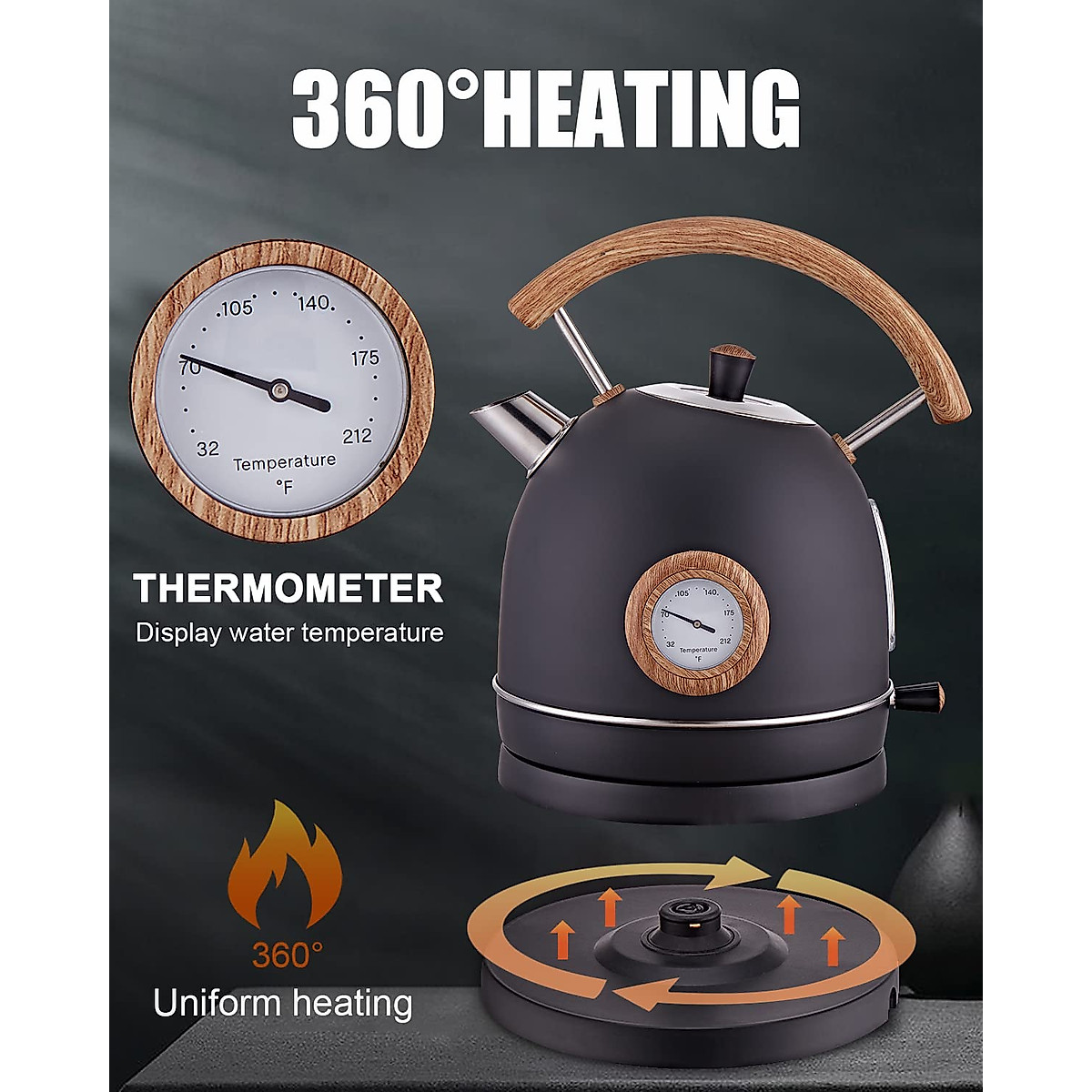 Electric Kettle, Talafa 1.7L / 1500W Electric Tea Kettles for Boiling Water, Stainless Steel Hot Water Boiler with Thermometer, Auto Shut-off & Boil-Dry Protection, Anti-scald Wood Handle, Black