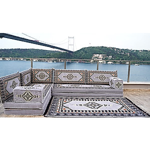 Gray L Shaped Arabic Sofa Set, Floor Couch, Sectional Sofas, Arabic Majlis, Turkish Rug, Couch Covers for 3, Sofa Bed, Poufs (L Sofa + Rug)