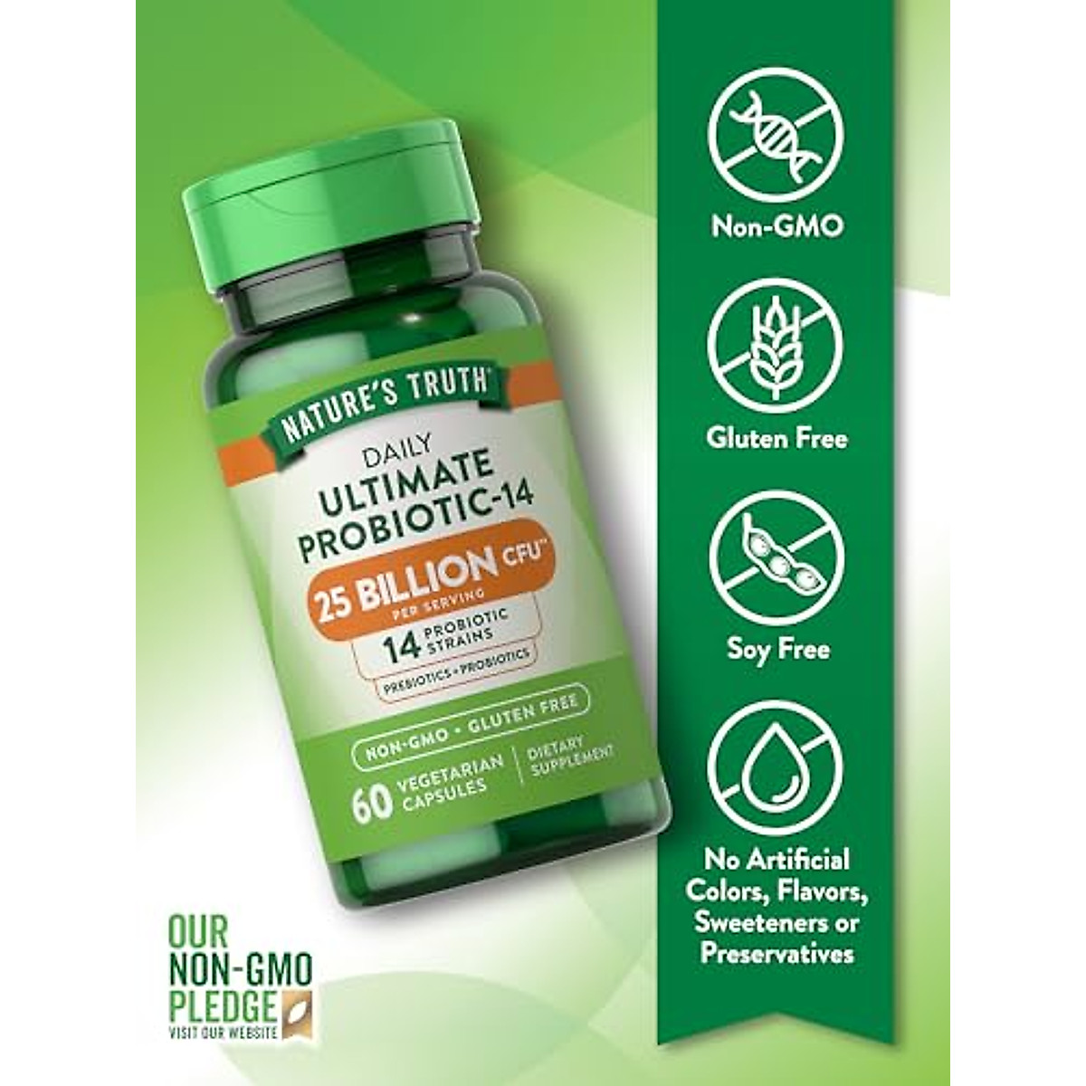 Probiotics for Men and Women | 25 Billion CFU | 60 Capsules | 14 Strains | Non-GMO & Gluten Free Digestive Health Supplement | by Nature's Truth