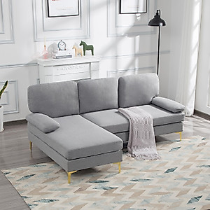 POCIYIHOME 79.5" Left Hand Facing Sectional Sofa Couch with 2 Detachable Armrest Pillows, Modern Fabric 3-Seater L Shape Chaise with Metal Legs for Living Room,Apartment,Office, Polyester, Light Grey