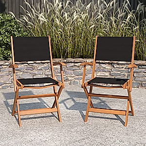 Merrick Lane Stora Set of 2 Indoor/Outdoor Acacia Wood Folding Patio Bistro Armchairs with Black Textilene Mesh Back and Seat, Natural