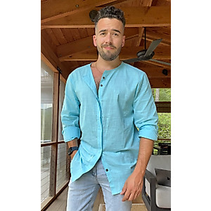 COOFANDY Men's Linen Button Down Shirt Long Sleeve Casual Beach Tops(Blue, Medium)