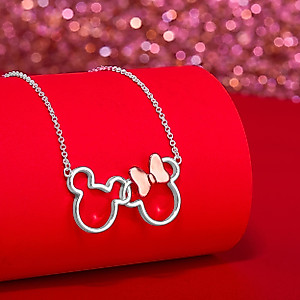 Disney Mickey and Minnie Mouse Jewelry for Women, Two Tone Interlocking Mickey and Minnie Pendant Necklace; Silver Plated, 18"