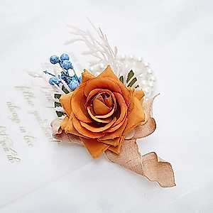 AJOYEGG Wrist Corsage Wristlet Band Bracelet: Set of 6 Corsage Flower for Women Bride Bridesmaid Wedding Prom(Burnt Orange)