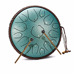 Green 15 Notes 14 Inches Steel Tongue Drum | Wide Range Steel Drum with Carrying Bag & Mallets | Tank Drum for Healing | Random Color | Ideal for Stress Relief and Meditation, Gift Idea