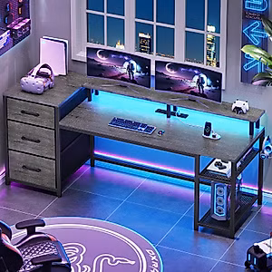 SEDETA 59" Office Desk with Drawers, Reversible Computer Desk with File Drawers & Storage, Gaming Desk with LED Lights & Power Outlet, Home Office Desks for Printer, Grey