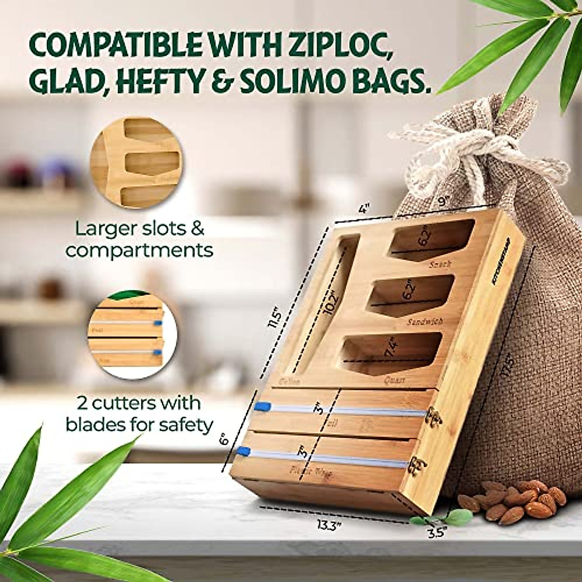 KitchenStamp Ziplock Bag Organizer for Drawer (2023), 6 in 1 Foil and Plastic Wrap Organizer, Compatible with Ziplock, Glad, and Hefty Bags & 12" Aluminum Foil and Plastic Rolls (18.5 x 14.2 x 3.0)