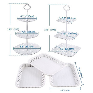 FEOOWV 2pcs 3 Tier Round &3pcs Rectangle Serving Trays, Plastic Party Cake Stand and Cupcake Holder Fruits Dessert Display Plate Table Decoration for Wedding Birthday Party Celebration(Set of 5pcs)